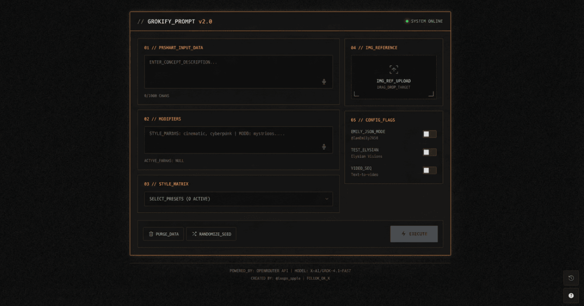 GROKIFY_PROMPT v2.0 — Grok Imagine JSON Prompt Generator